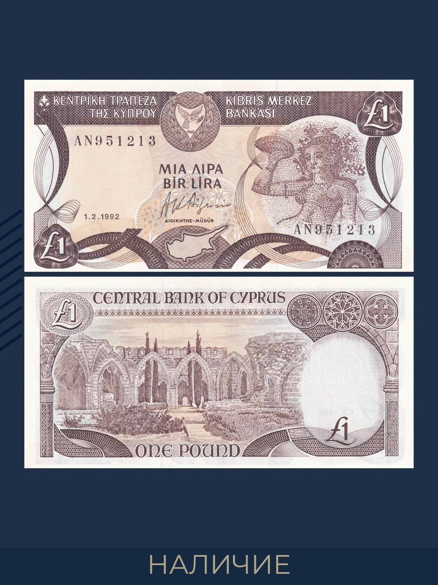 Банкнота Кипр 1 фунт ONE POUND 1992 год About Uncirculated (aUNC) Pick 53