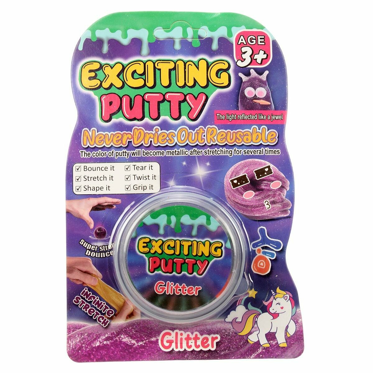 Лизун попрыгун с блестками, 20 г, 4 цвета, для детей от 3 лет, мягкий и reusable