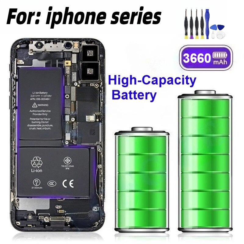 Высококачественный аккумулятор для IPhone 11, 12, 13, 14, 15 Pro Max 12 Mini 13 Mini 14 Plus 15 Plus, бесплатный инструмент 13