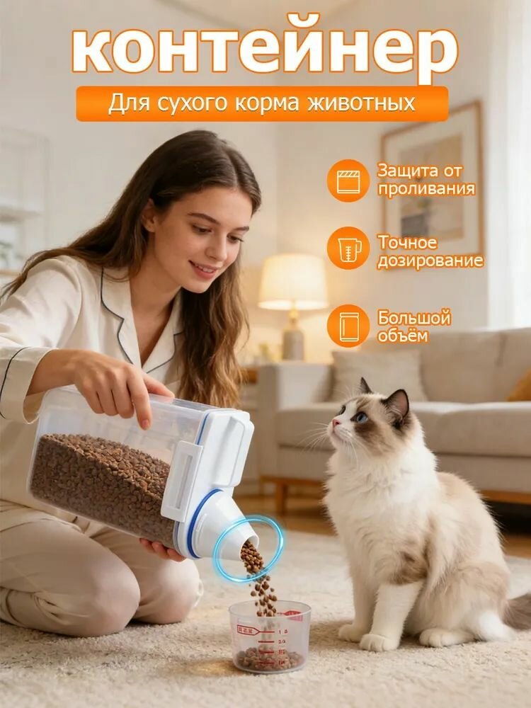 Герметичный контейнер для корма кошек и собак 2500 мл с мерным стаканом для сухого и влажного корма, пищевой пластик