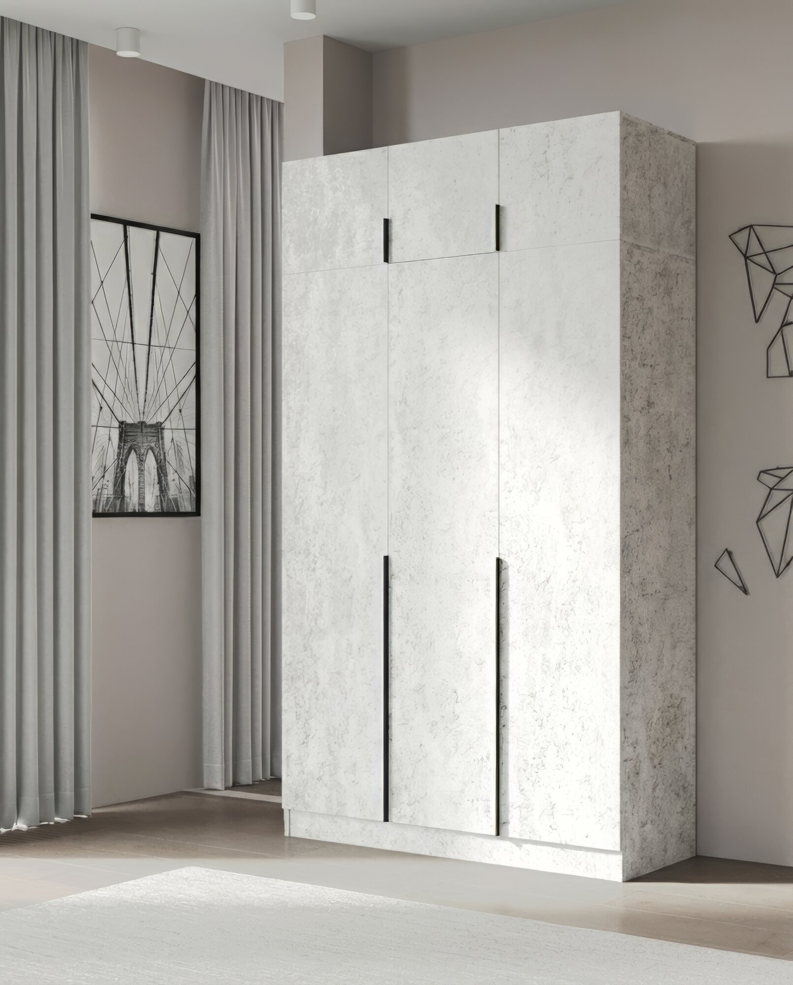 Шкаф для одежды распашной трехдверный с антресолью без ящиков, НордМебель, Дуглас бетон 135х240х54