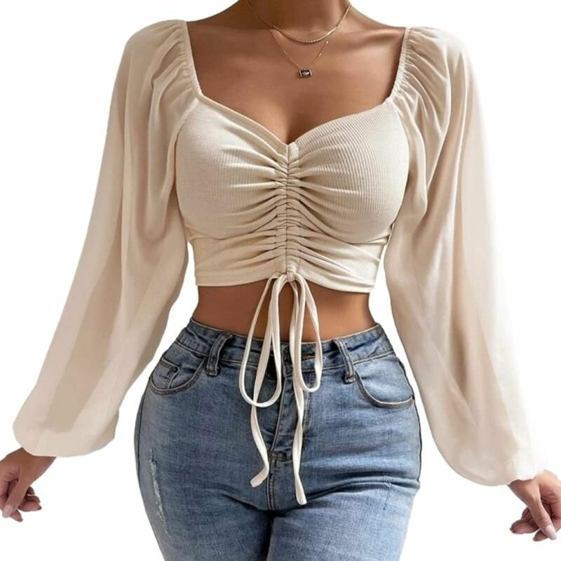 Женская прозрачная блузка из чиффона с длинными рукавами, абрикосовый - M