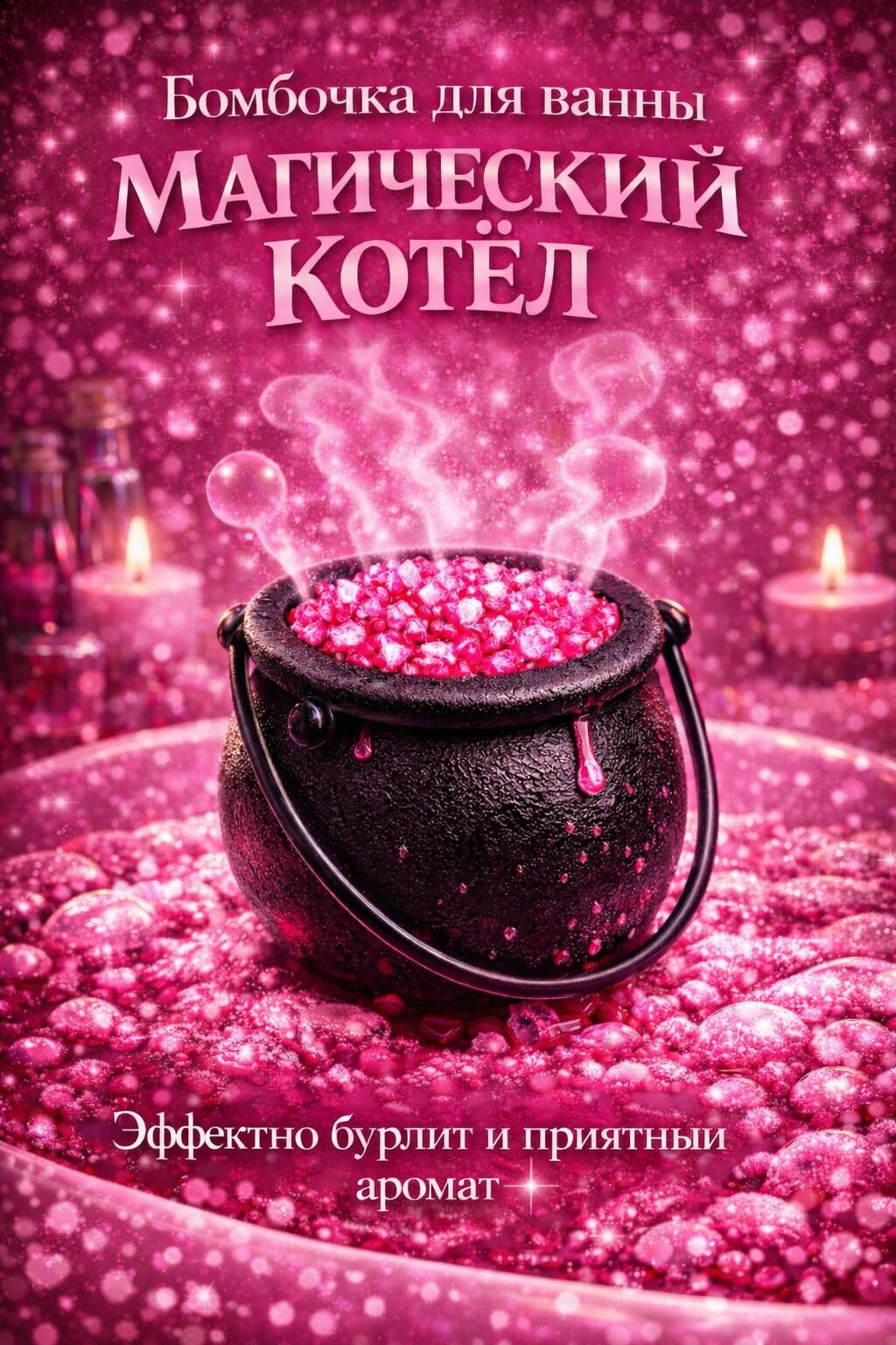 Бомбочка для ванны Магический котел Розовый. Котелок ведьмы. Волшебная бомбочка с морской солью