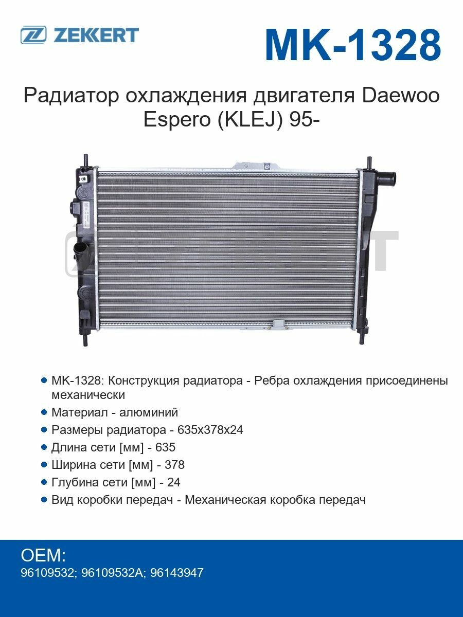 Zekkert Радиатор охлаждения двигателя Daewoo Espero (KLEJ) с 1995 года