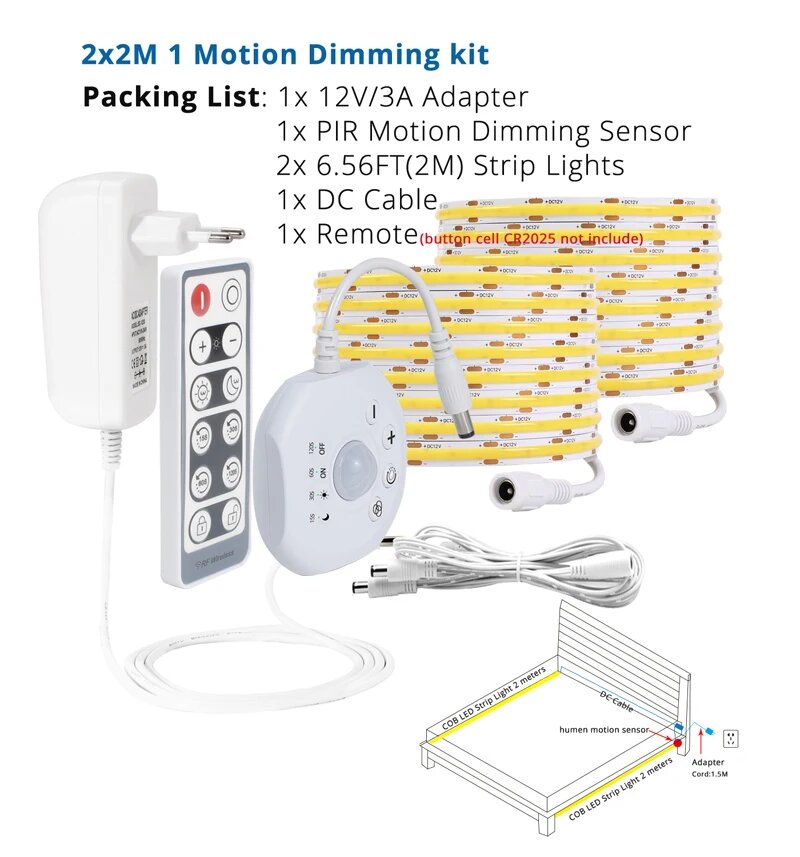 Светодиодная лента для подсветки кровати с пультом и 2X2M 1 Motion Dimmer, Pure White 6000K, EU Plug