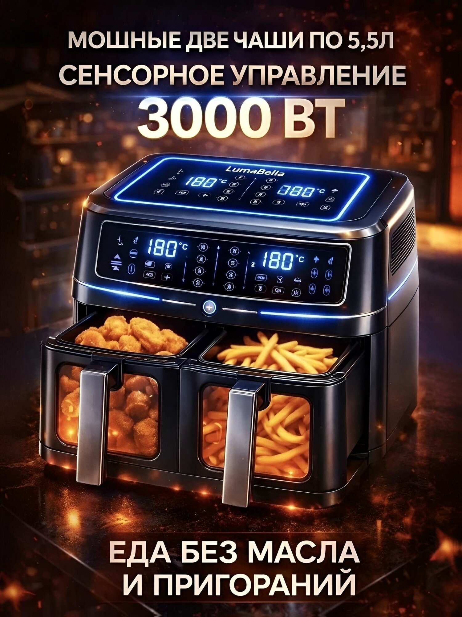 Аэрогриль-фритюрница двухместная LumaBella, сенсорное управление, 2 чаши по 5.5 л, 11 л