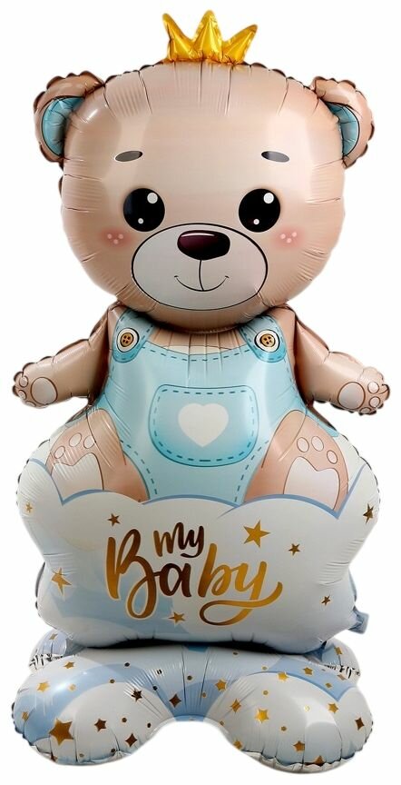 Воздушный шар-фигура фольгированный "Мишка в короне - мальчик" 62" на подставке, под воздух, надувной воздушный шарик из фольги, большой шар для фотозоны на праздник и день рождения