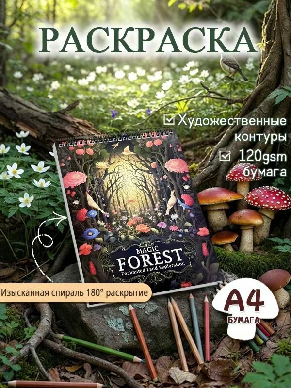 Магческий лес раскраска антистресс 30 страниц А009-A4 120 г/м , для всех возрастов