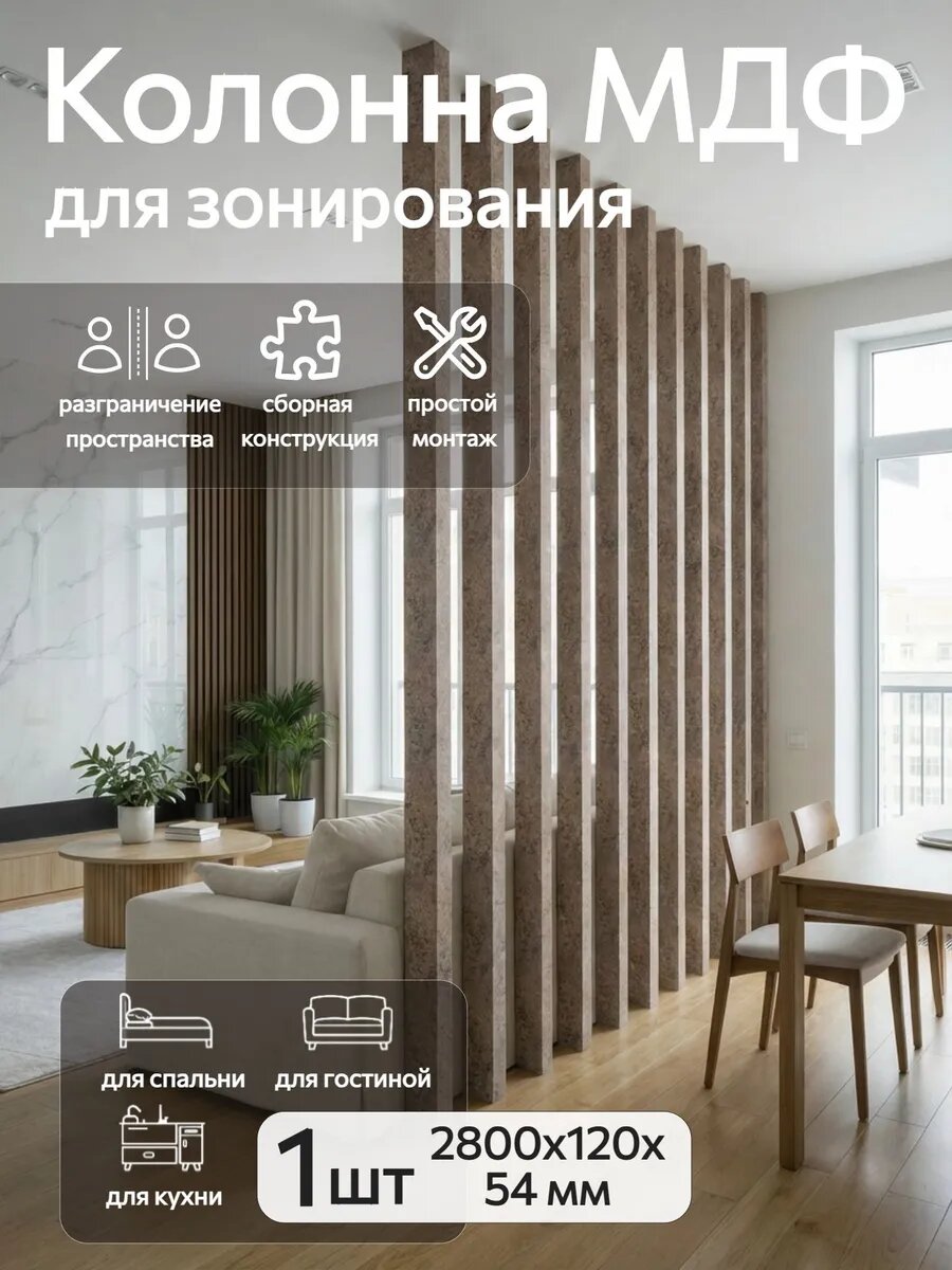 Колонна для зонирования МДФ перегородка реечная 1 шт. Бетон 2800*120*54мм