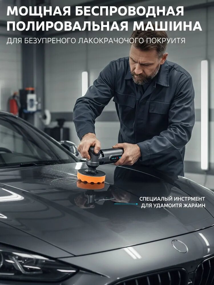 ZONE Полировальная машинка мощная беспроводная для полировки автомобиля и удаления царапин
