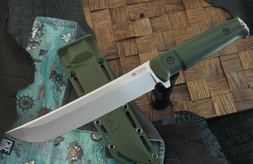 Туристический нож Kizlyar Supreme Senpai, сталь Aus-8, SW, рукоять кратон олива, ножны полиамид