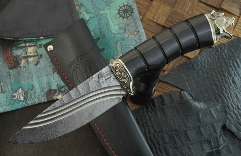 Окские Ножи нож Стриж, клинок дамаск, битый камень, рукоять стабилизированное дерево, литье