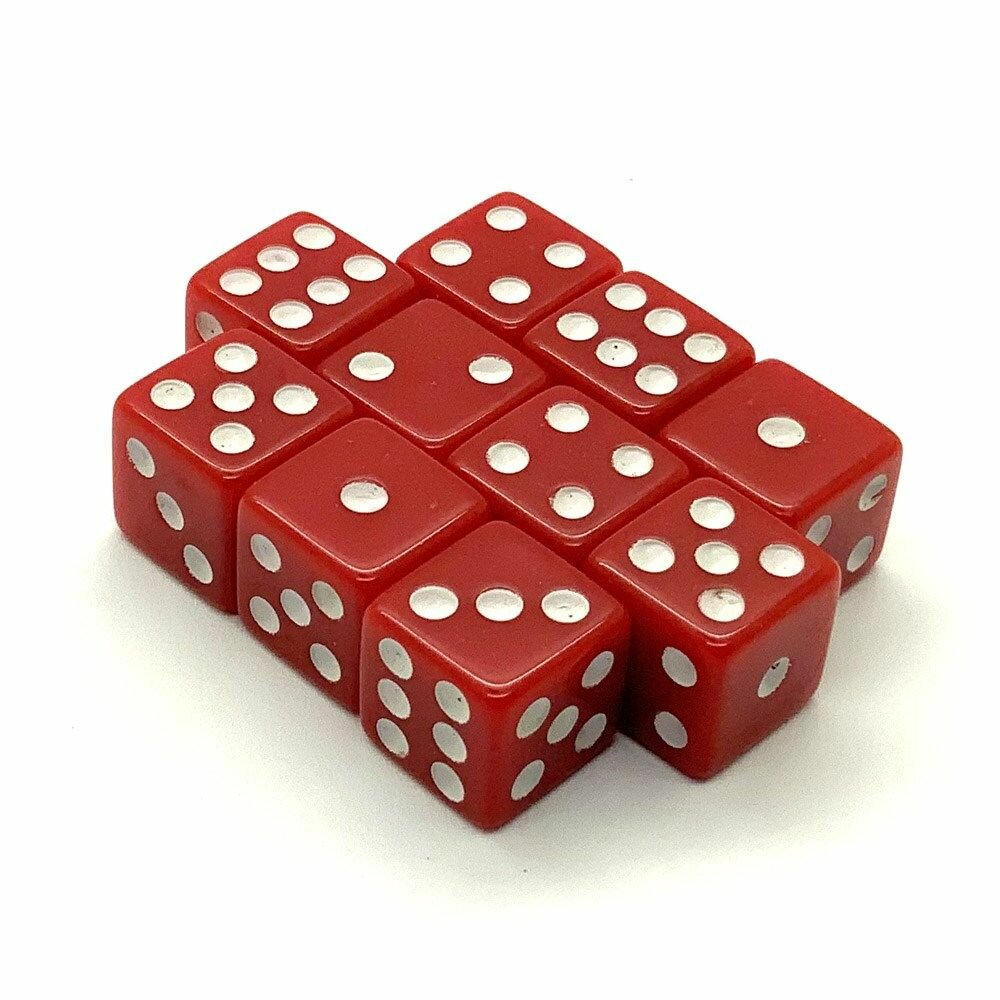 Кубики игральные д6 12мм 10шт. Красные с острыми углами