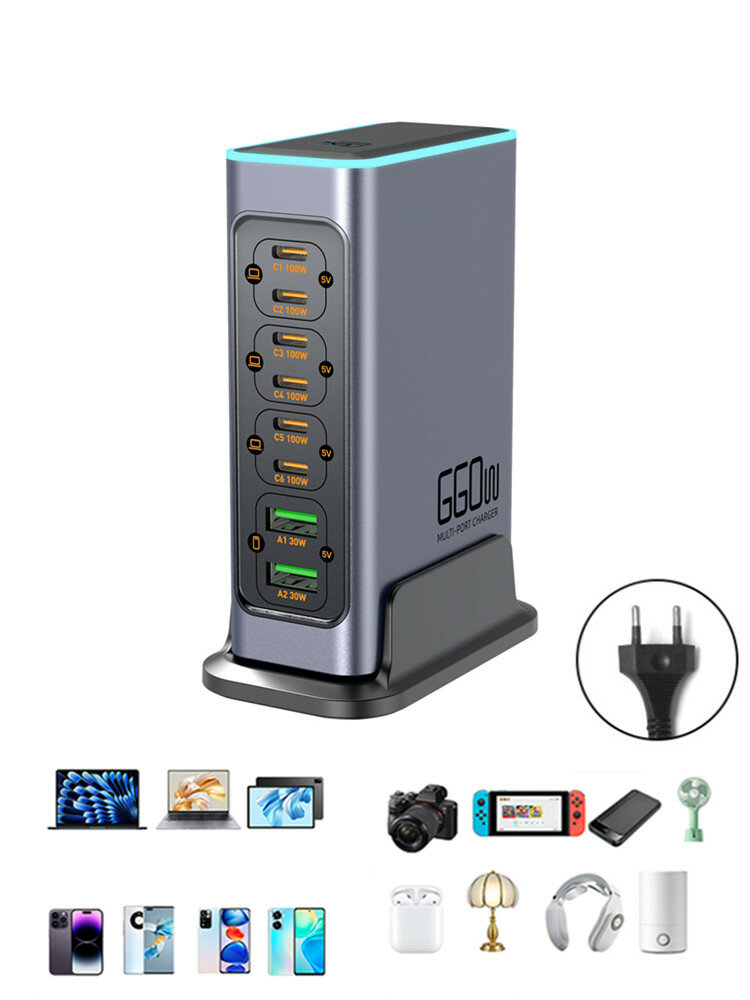 Зарядное устройство GaN 100W 8 портов (6 USB-C + 2 USB-A) для ноутбука и телефона