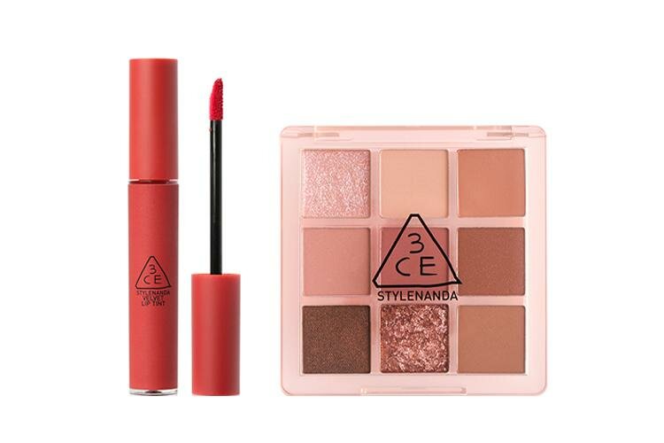 Набор женский 3CE из 9 теней и жидкой помады бархатистая матовая легкая в растушевке 2 предмета 5733634