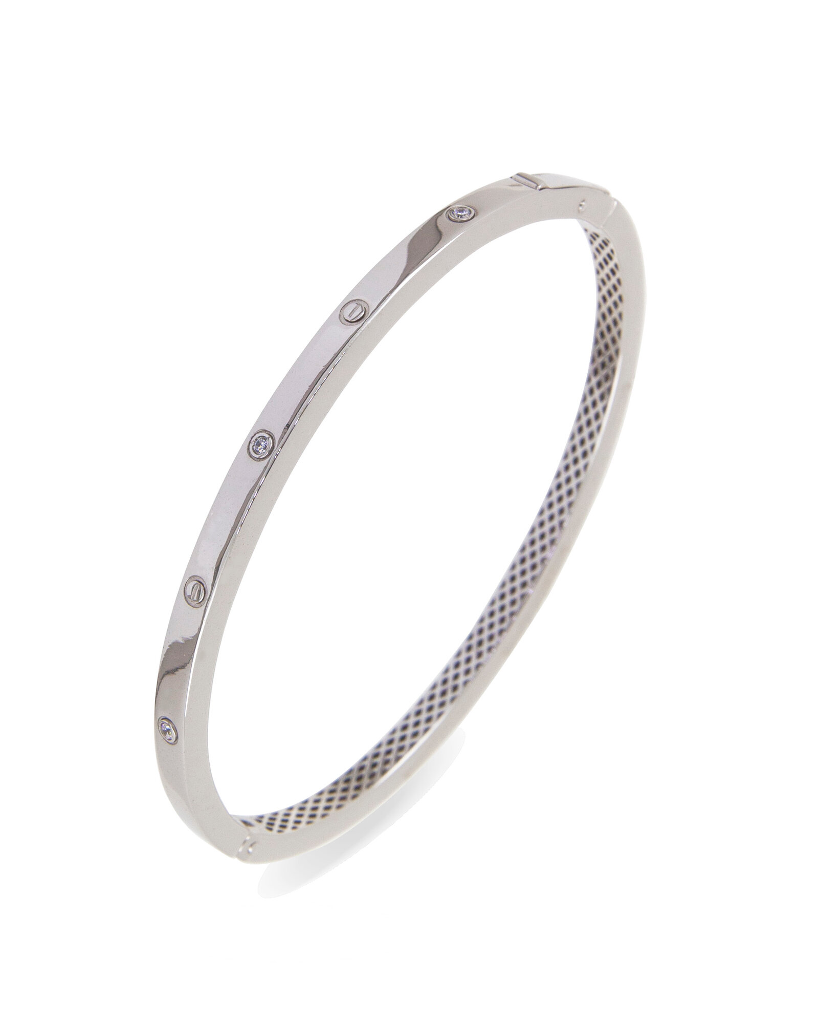 Жесткий браслет, белое золото, 585 проба, родирование, фианит