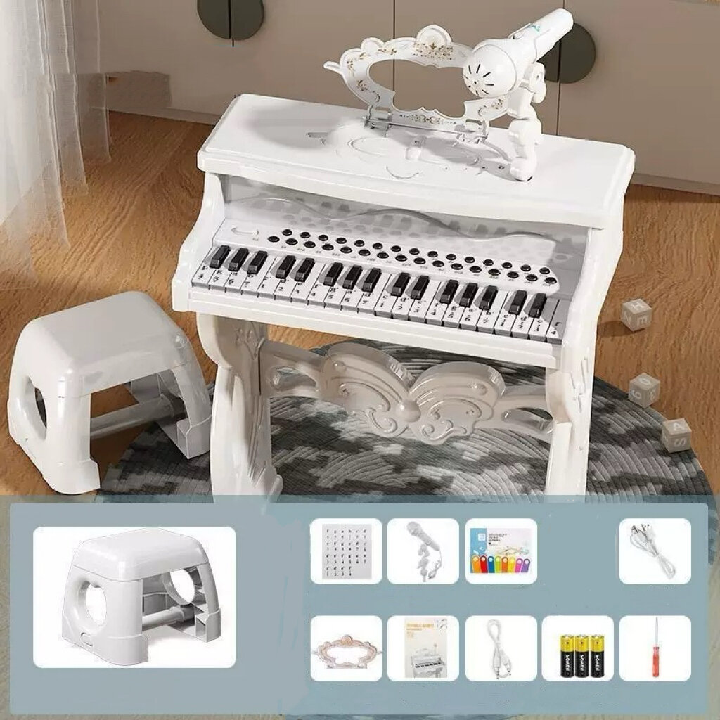 Детское электронное пианино с микрофоном и стульчиком, белое, светящиеся клавиши