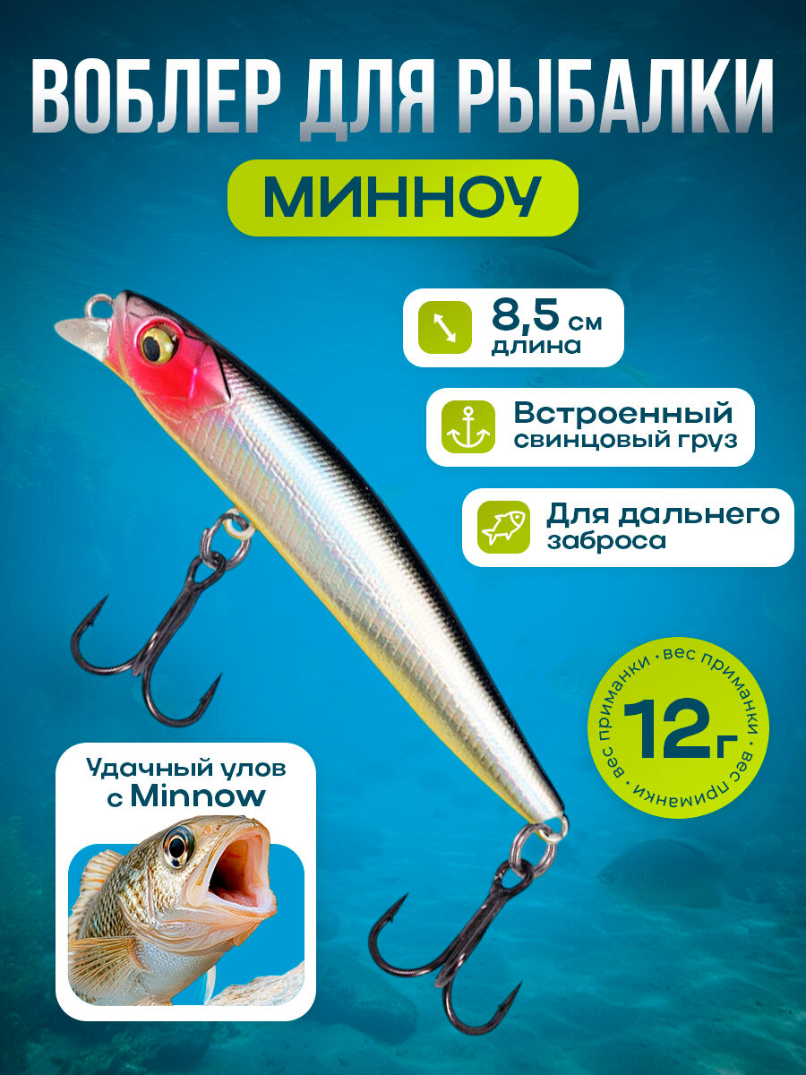 Воблер для рыбалки Minnow, для дальнего заброса, 8.5см/12 г, серебристо-красная