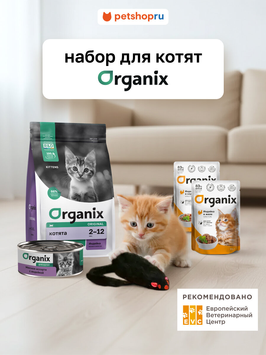 Organix Набор для котят: сухой корм с индейкой, фруктами и овощами 400 г, паучи 2 шт по 85 г, консервы 100 г, игрушка