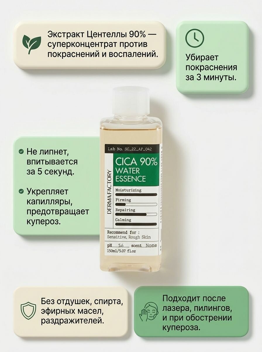Derma Factory CICA 90% WATER ESSENCE Увлажняющая эссенция для лица с экстрактом центеллы азиатской 150мл
