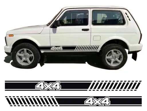 Наклейка на автомобиль для тюнинга Нива 4x4, виниловая пленка, комплект 2 шт, черный, 150x11 см — фото 1