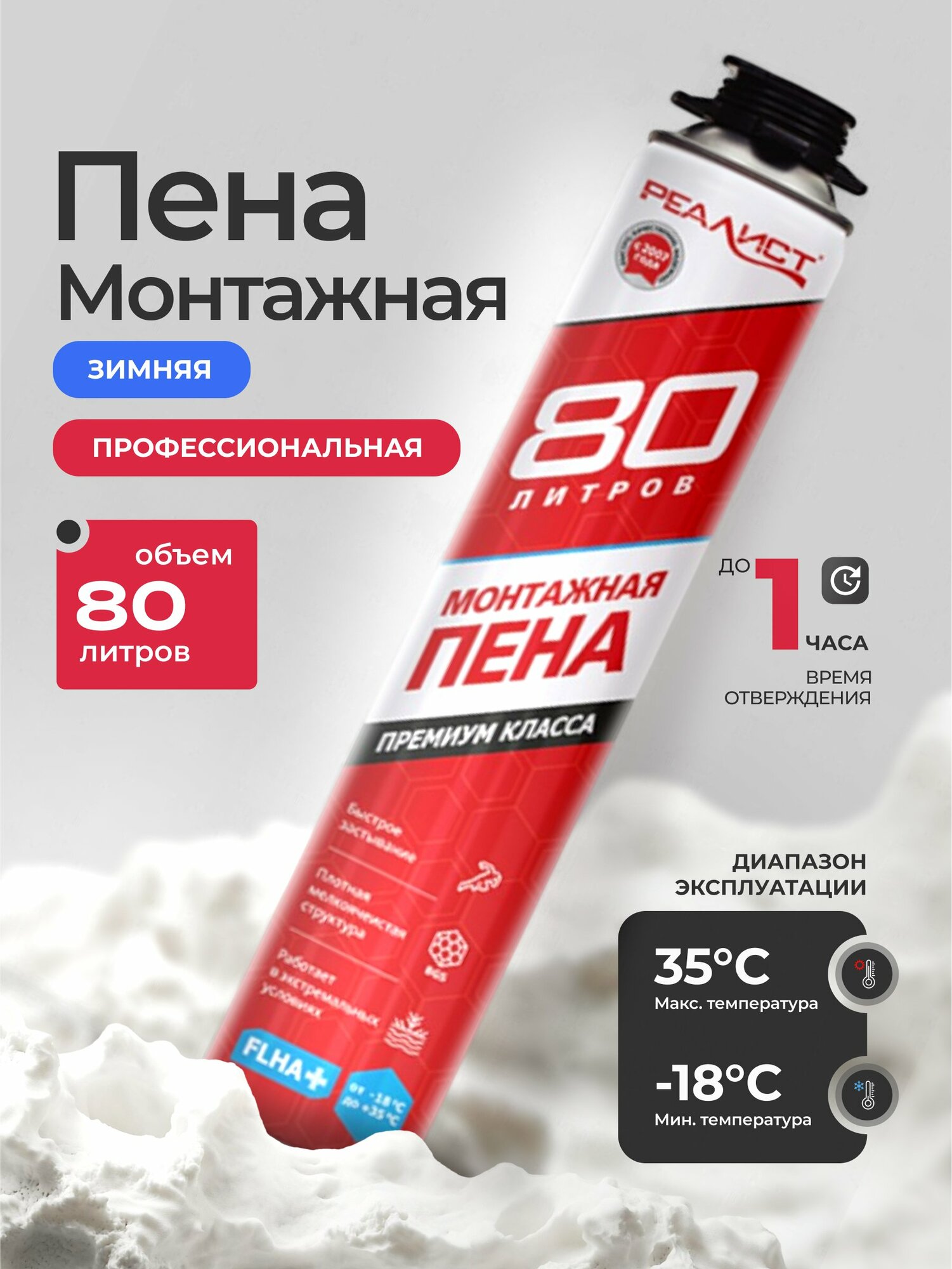 Пена монтажная профессиональная Realist PRO Red зимняя 80 л, 1 кг. Морозостойкая строительная химия для пистолета