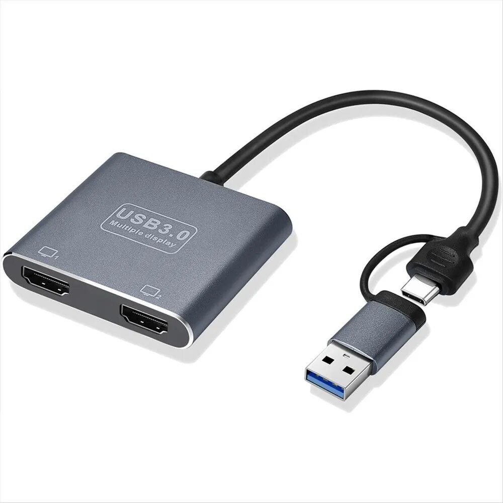 Адаптер USB 3.0 или USB C - HDMI Для Двух Мониторов 1080p