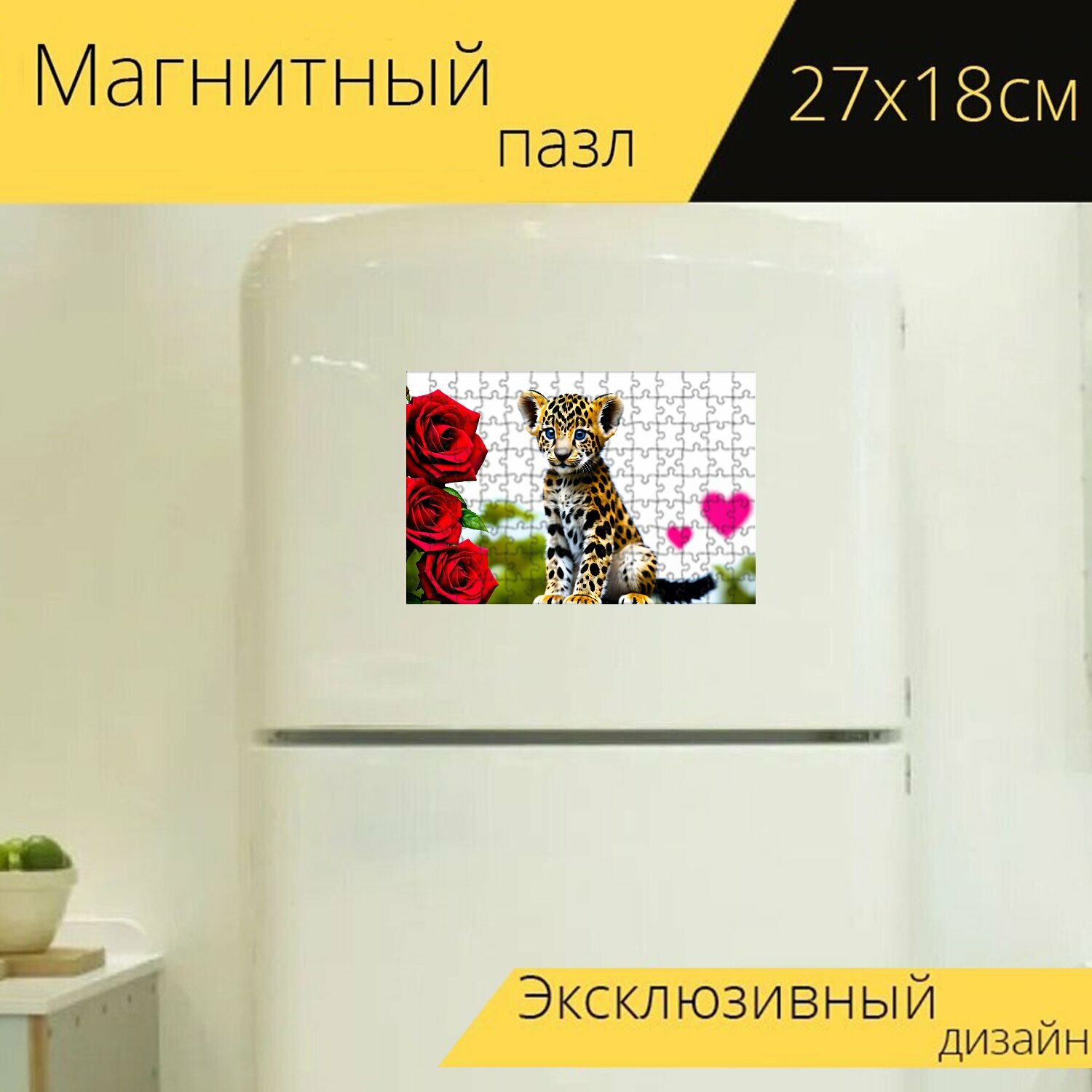 Магнитный пазл "Милый детеныш леопарда, сидящий на камне, покрытом розами, с бело-черной шерстью, пушистыми ушками, крупными черными пятнами, пушистым." на холодильник 27 x 18 см.