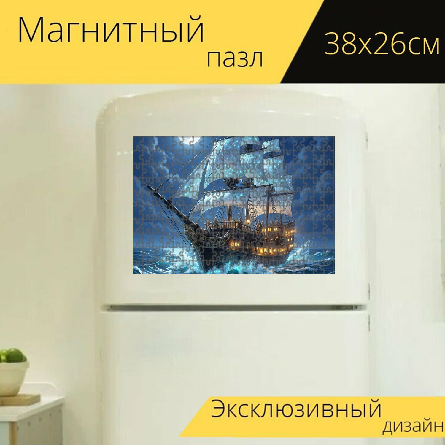 Магнитный пазл "Парусный корабль в лунную ночь. Величественный морской бриг под светящимся парусами идёт по волнам под полной луной, ночное небо и мягкое." для интерьера, 38х26 см.