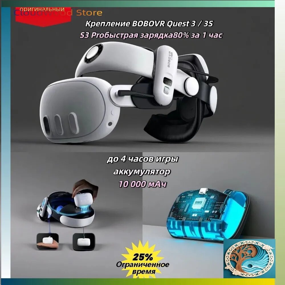 BOBOVR Quest 3 / 3S S3 крепление для VR гарнитуры, быстрая зарядка 80% за 1 час
