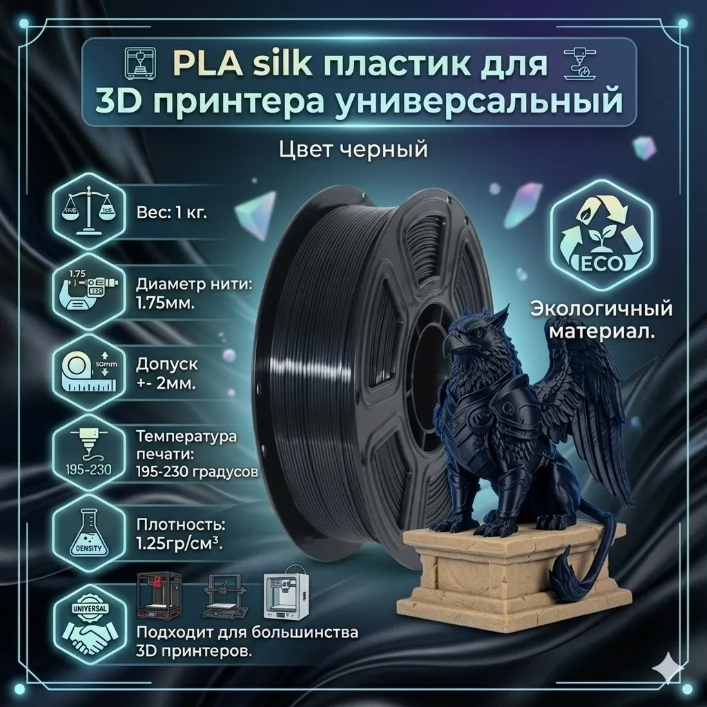 PLA Silk пластик для 3D принтера черный 1.75мм универсальный 1кг