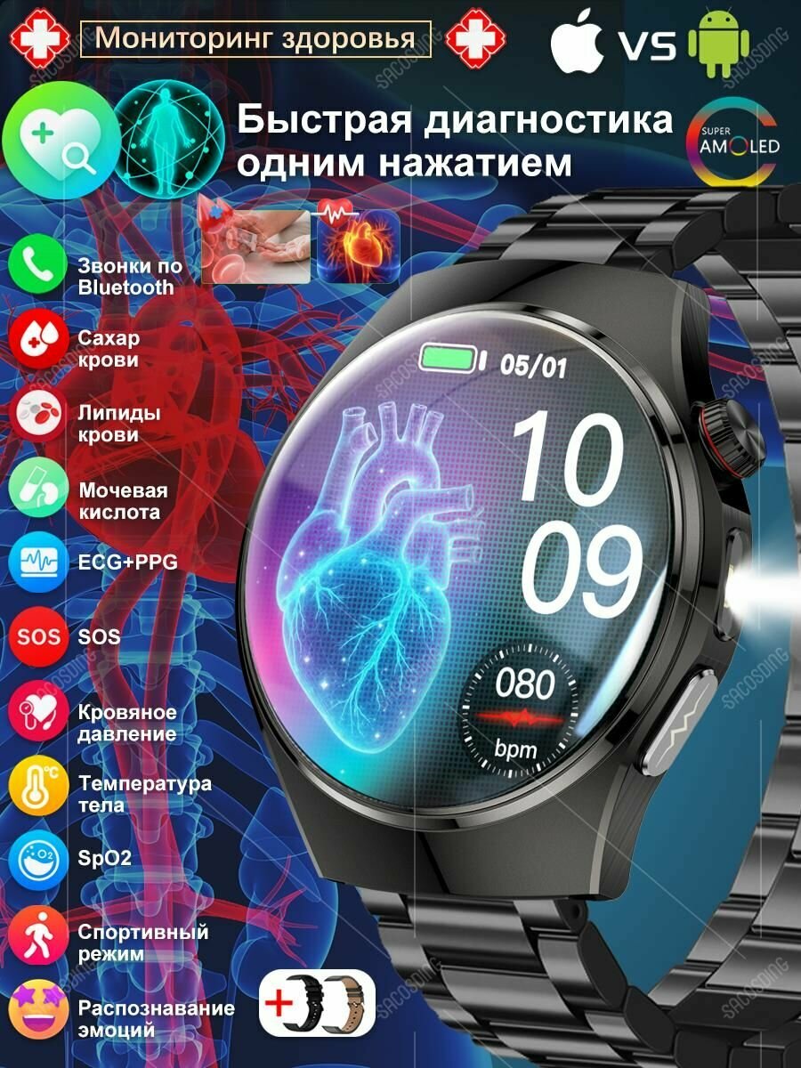 Мужские смарт часы с функцией экг женские и измерением давления, с функцией вызова по Bluetooth, артериального давления, с калькулятором,
