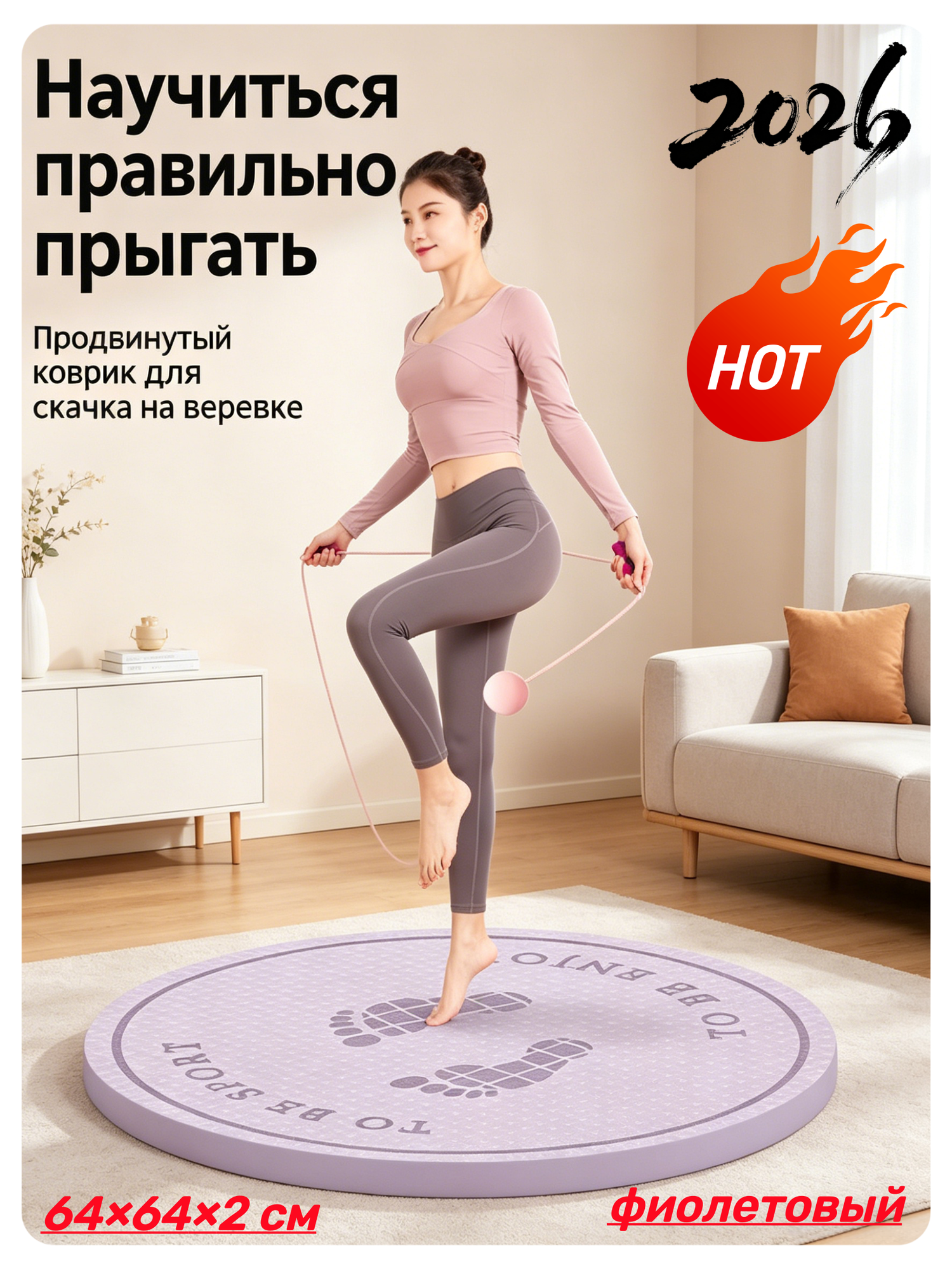 Коврик для прыжков, утолщенный, нескользящий ，амортизация, нескользящая поверхность，круговой，64*64*2CM，фиолетовый
