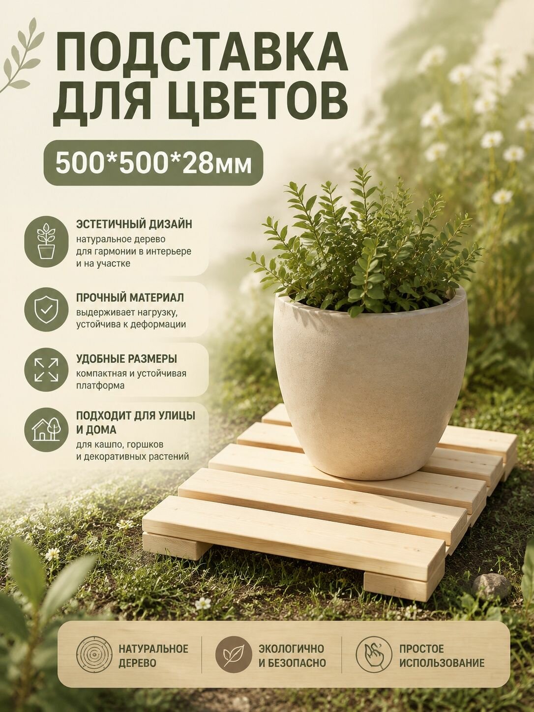 Подставка для цветов деревянная 500x500 мм Регулируемая по высоте Массив ели, Вологда