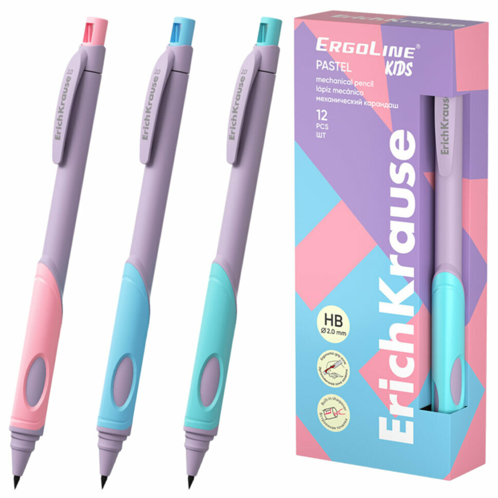 Карандаш механический 2 мм ERICH KRAUSE "ErgoLine Kids Pastel", HB, с точилкой, ассорти, 63833, 182136
