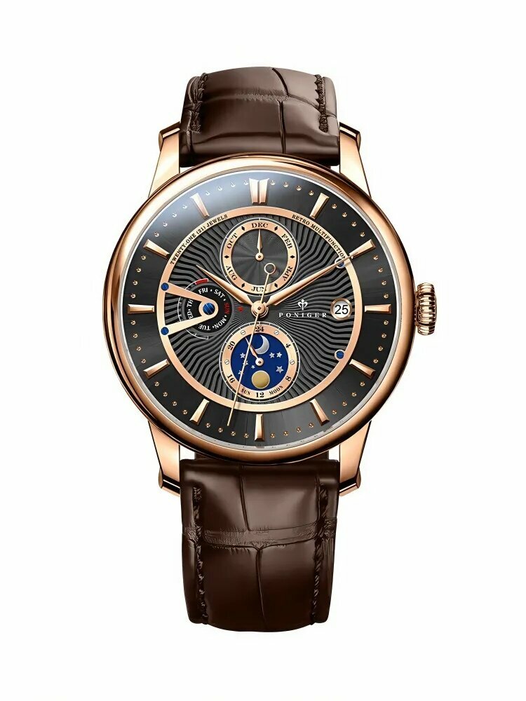 PONIGER Часы наручные Кинетические Мужские механические часы, Shanghai Automatic Multifunction, 40-часовой запас хода, сапфировое стекло, водонепроницаемость до 50 метров, ремешок из телячьей кожи, дата, день недели, месяц, 24 часа/солнце, луна и звезды