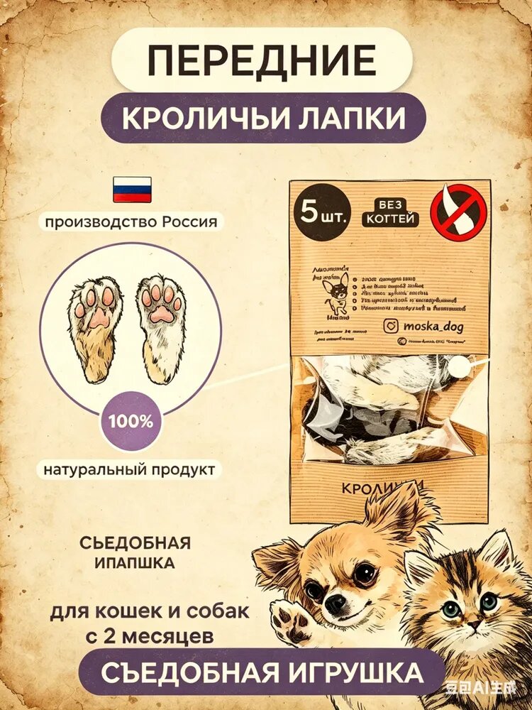 Кроличья лапка для кошек (передняя) без когтей , 5 шт.
