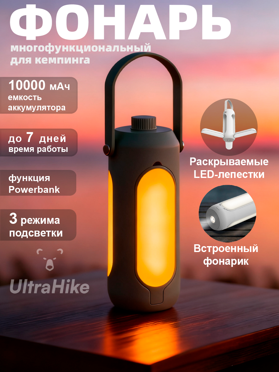 Фонарь кемпинговый аккумуляторный, 10000 мАч, 720 лм, IP54, 5 режимов