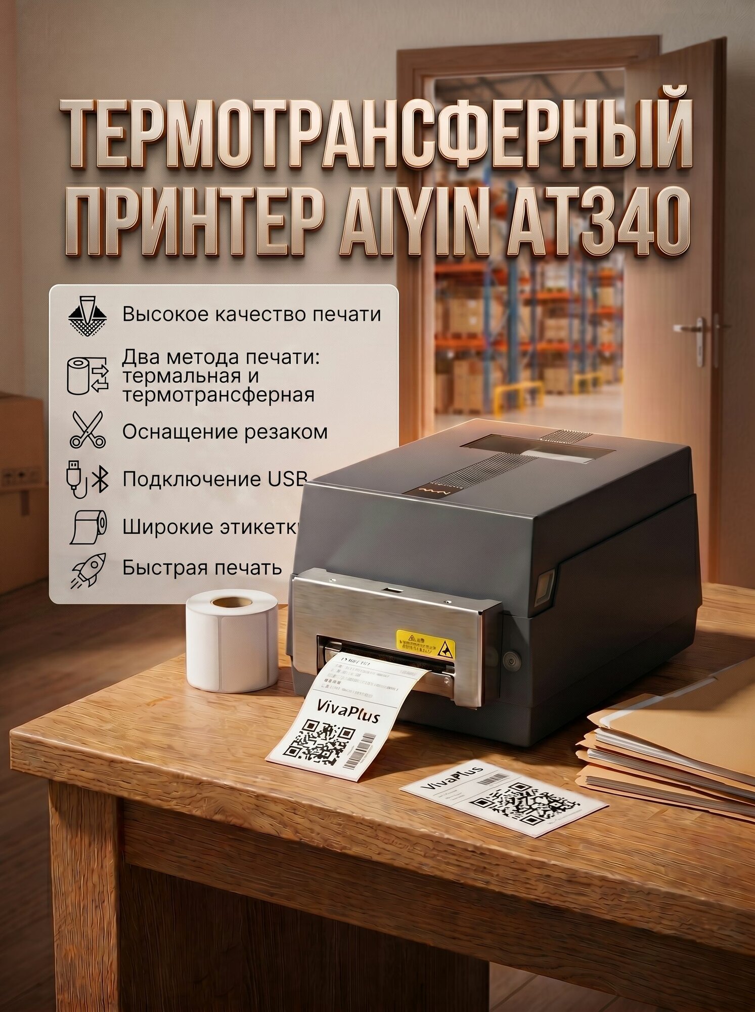 Термотрансферный принтер Aiyin AT340, принтер для печати на текстильных лентах, термобумаге, этикетках