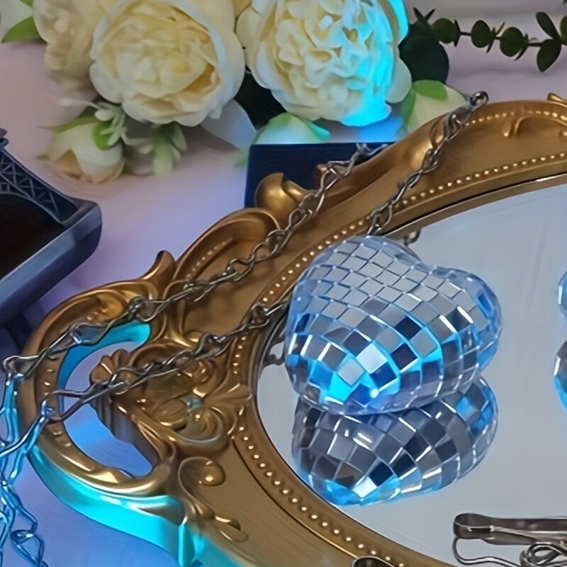 Серебряное сердце из стекла в золотой оправе с цепочкой, ретро-диско подвесное украшение для дома, сцены, бара, свадьбы и вечеринок