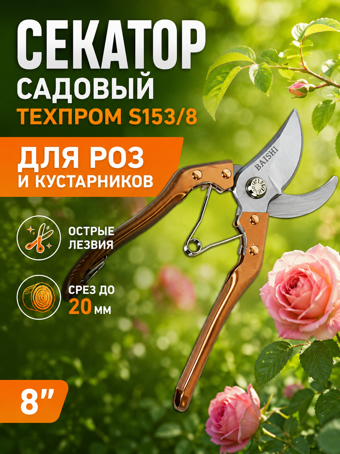 Секатор садовый техпром S153/8: сталь, алюминиевый сплав, 8″, для роз и кустарников.