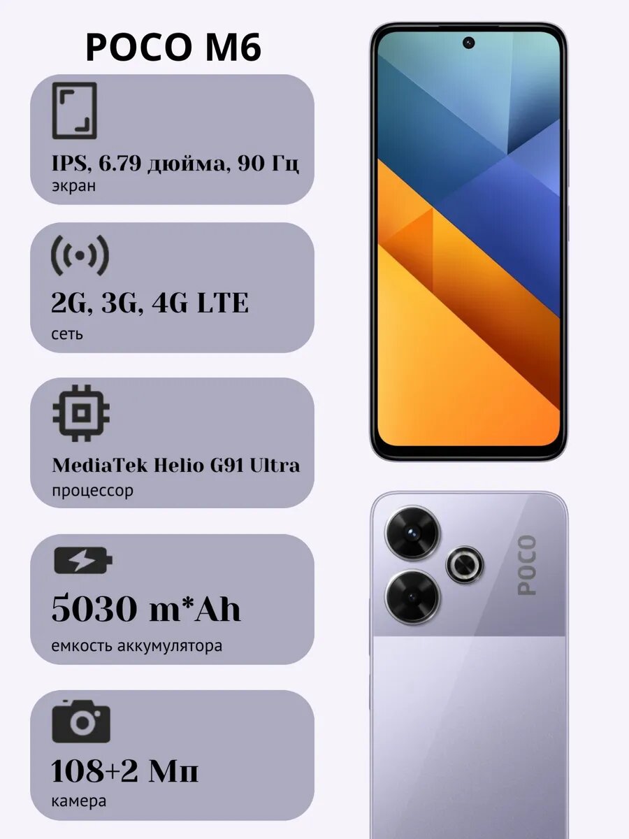 Смартфон POCO M6 8 ГБ/256 ГБ Фиолетовый Ростест, NFC, камера 108+2 Мп, экран 6.79"