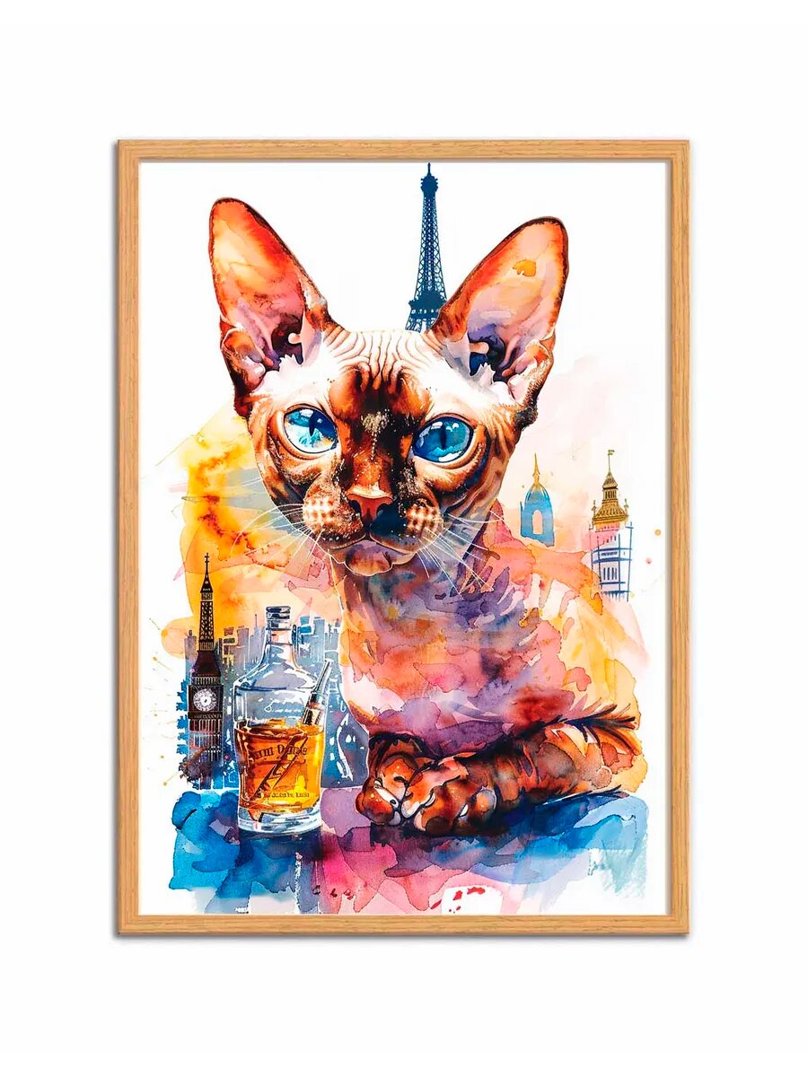 Кот Девон-Рекс пьет виски 5, Плакат 30x42см