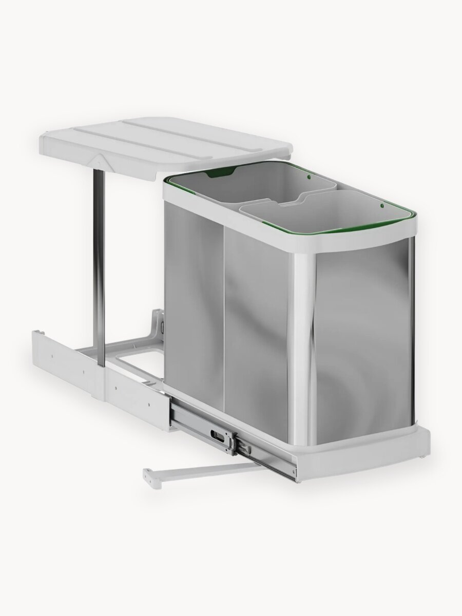 Мусорное ведро Starax S-2396-G выдвижное, автоматическое открывание крышки, 2 ведра 12+12 литров, в базу 400 мм, хром
