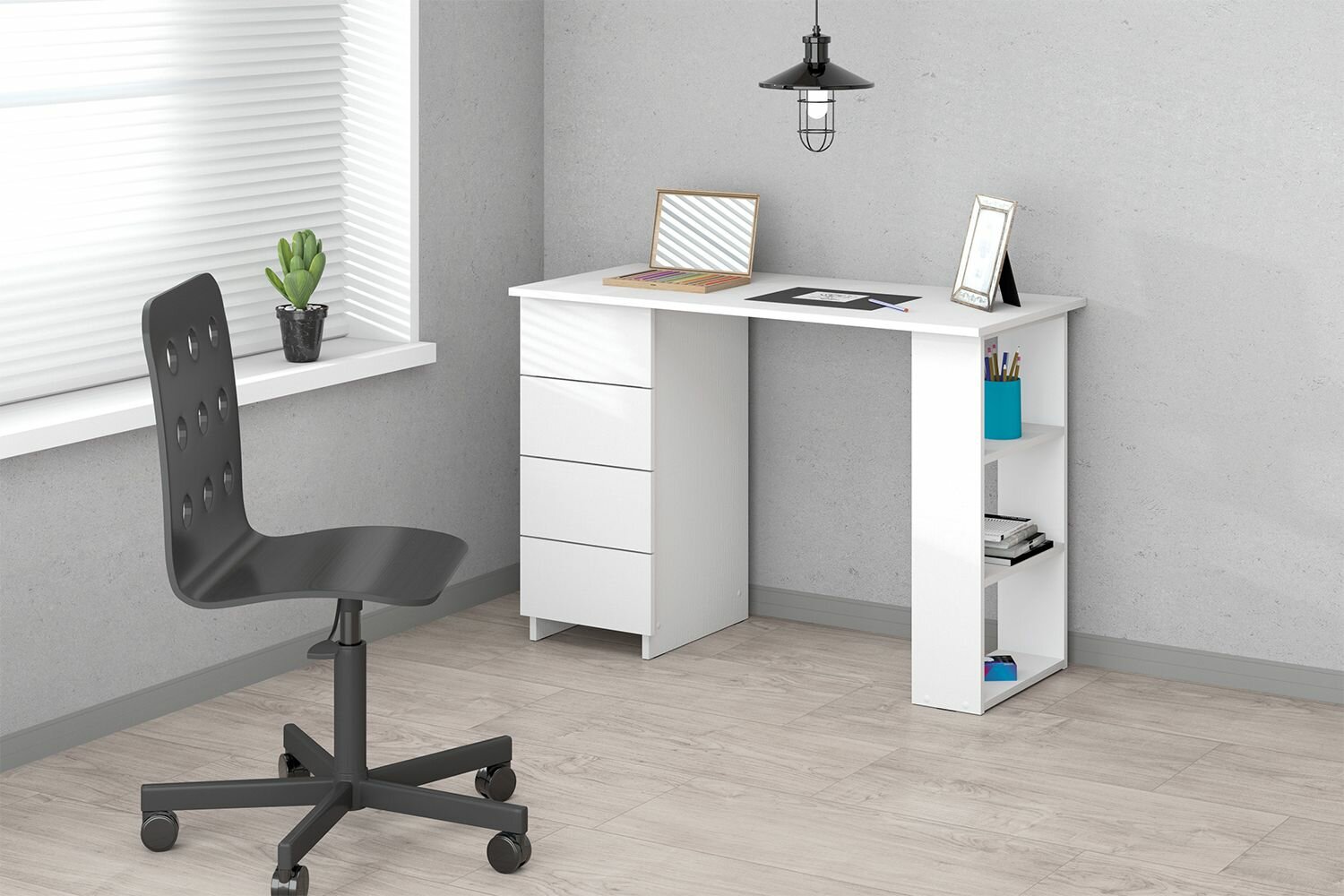 Стол письменный с ящиками, Цвет Белый текстурный, ширина 110 см, большой, ученический, длинный, с полками