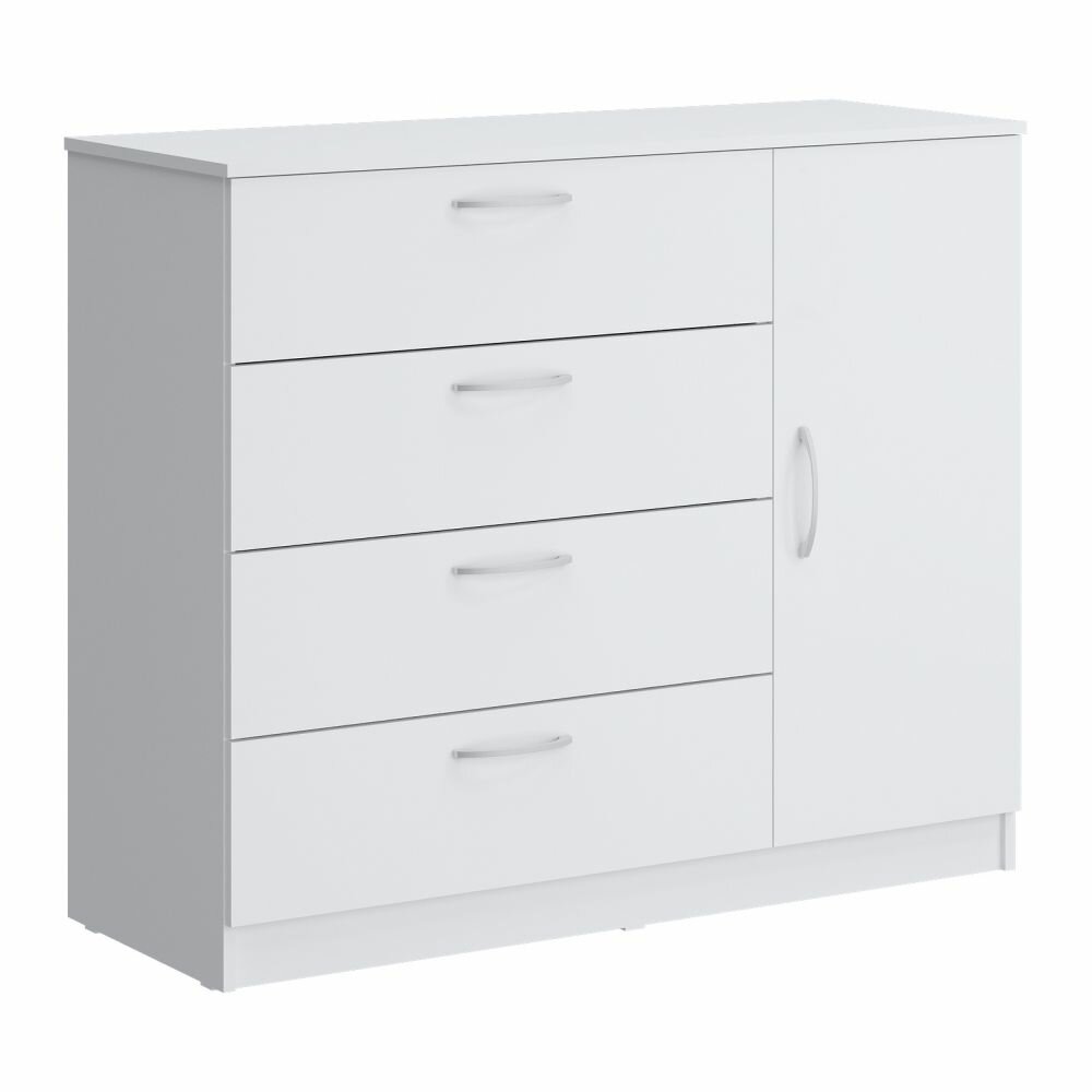 1Plus1 Комод 1200 Париж, Цвет белый (тиснение древесные поры), ширина 120 см с 4 выдвижными ящиками и с закрытой полкой напольный в спальню, гостиную и прихожую