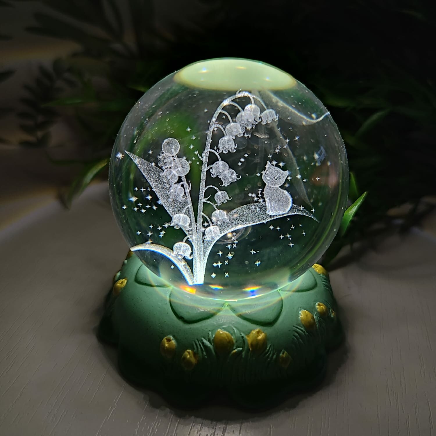 Ночник "Котенок и ландыши", 3D хрусталь, USB, защита от пыли/влаги