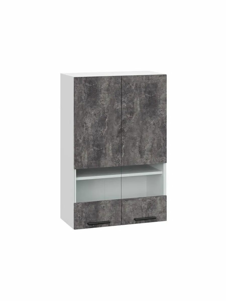 Кухонный модуль навесной, шкаф Урбан с полками, со стеклом, с доводчиками, 60х29.6х91.2 см, Белый / Цемент темный