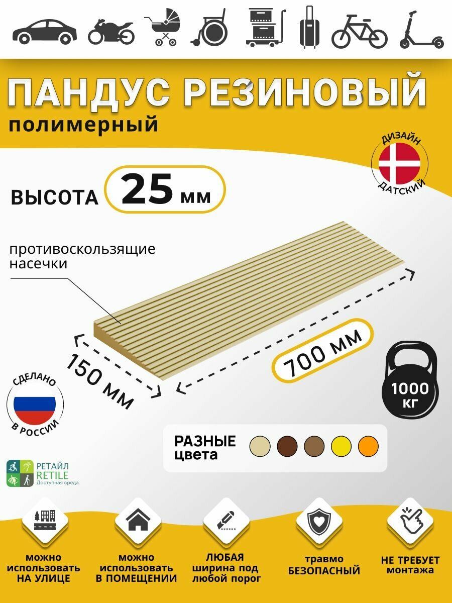 Пандус резиновый рубеж для порогов высотой 2,5 см (25х700х150 мм), бежевый, для колясок, склада и автомобилей