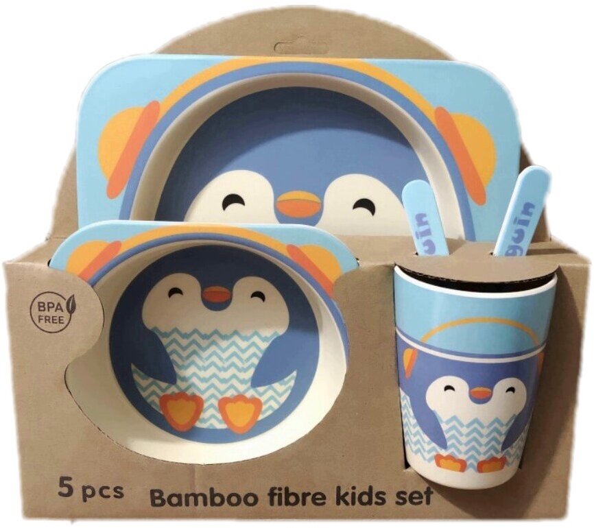 Набор детской подарочной посуды из бамбука MyPads M153-721 свинка Пеппа небьющаяся красивый подарок на рождение ребенка на 1 годик 5 6 7 месяцев на День рождение мальчику девочке ребенку внучке 1 2 3 4 года (маленький пингвин)